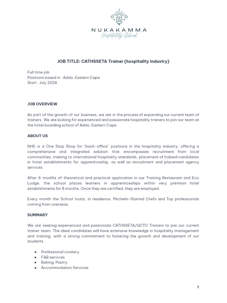 Job Description - CATHSSETA Trainer NHS | PDF | Learning | Educational Technology