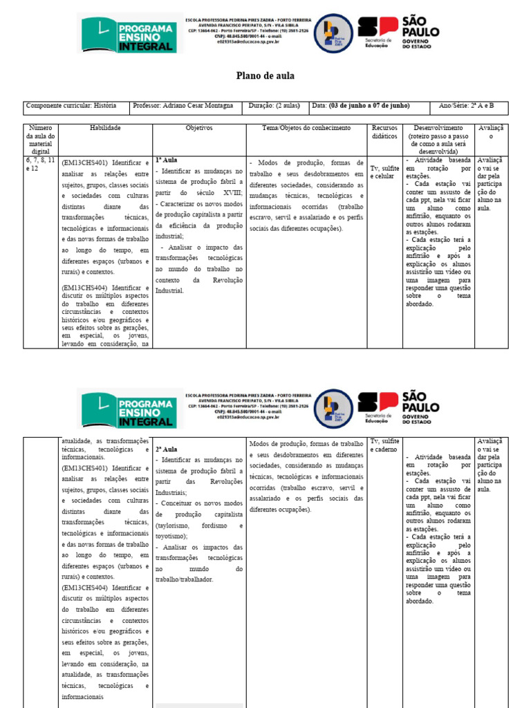 Plano de Aula de História 2 Série A e B 03 de Junho A 07 de Junho | PDF ...