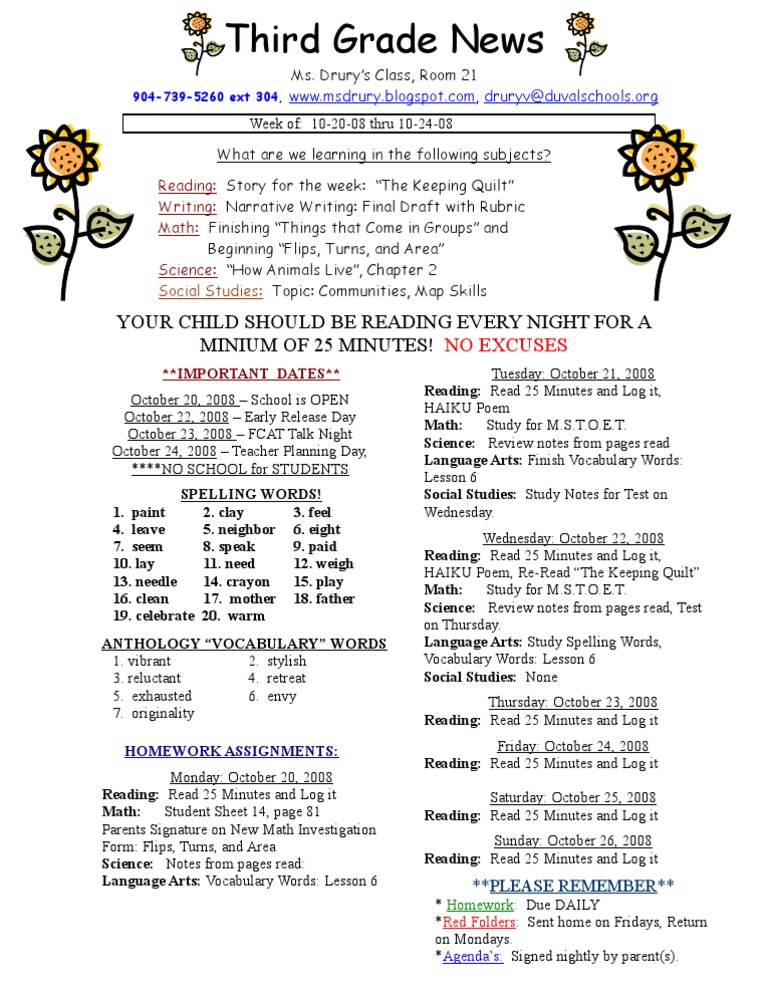 Third Grade Weekly Learning Update | PDF | Communication | Cognition