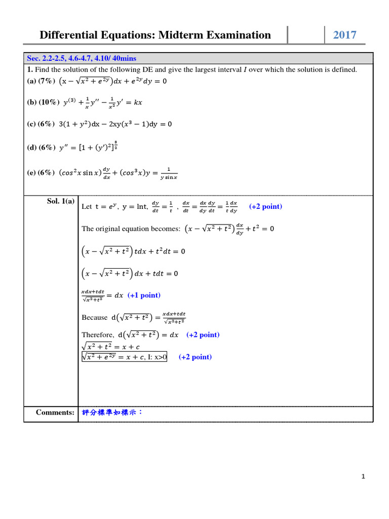106 DE Midterm Solution | PDF | Mathematical Objects | Equations
