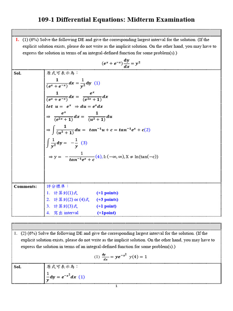 109-1 Differential Equation Midterm Sol | PDF | Calculus | Differential Equations