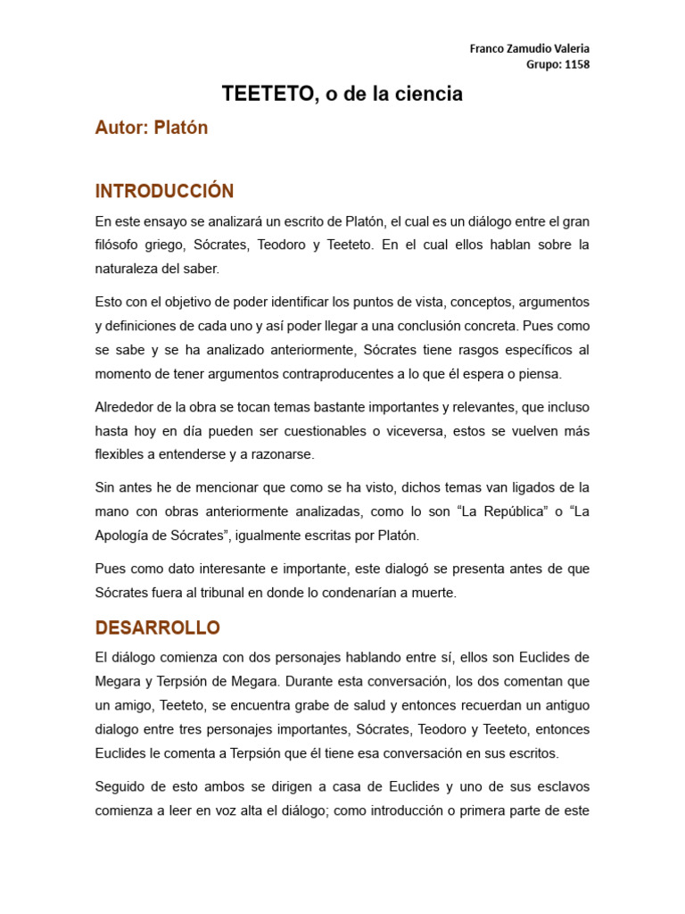 Teeteto Ensayo | Descargar gratis PDF | Sócrates | Platón