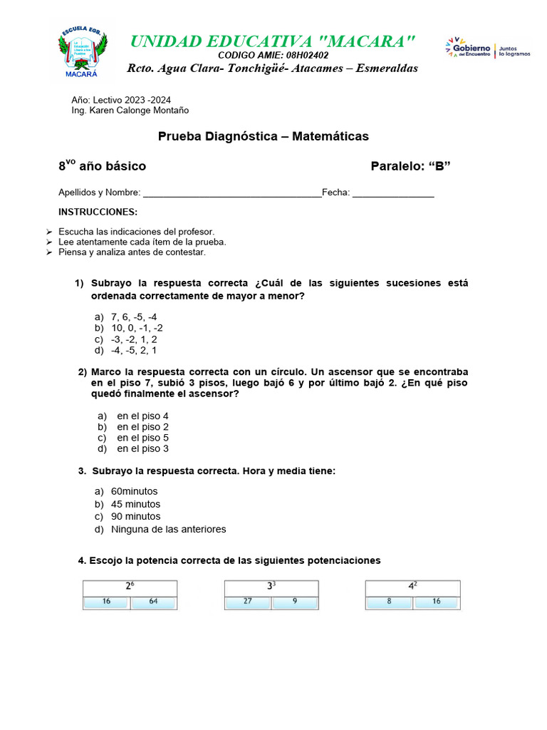 Prueba Diagnostica Matematicas | PDF