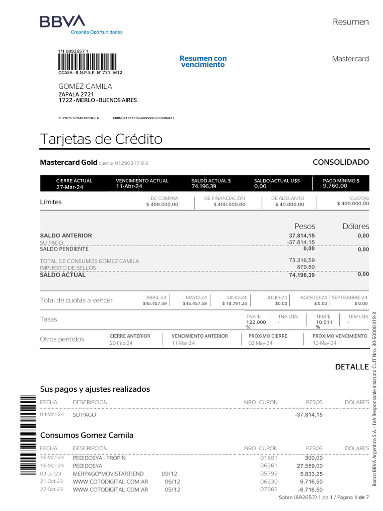 Resumen de Cuenta Mastercard Gold | PDF | Tarjeta de crédito | Pagos