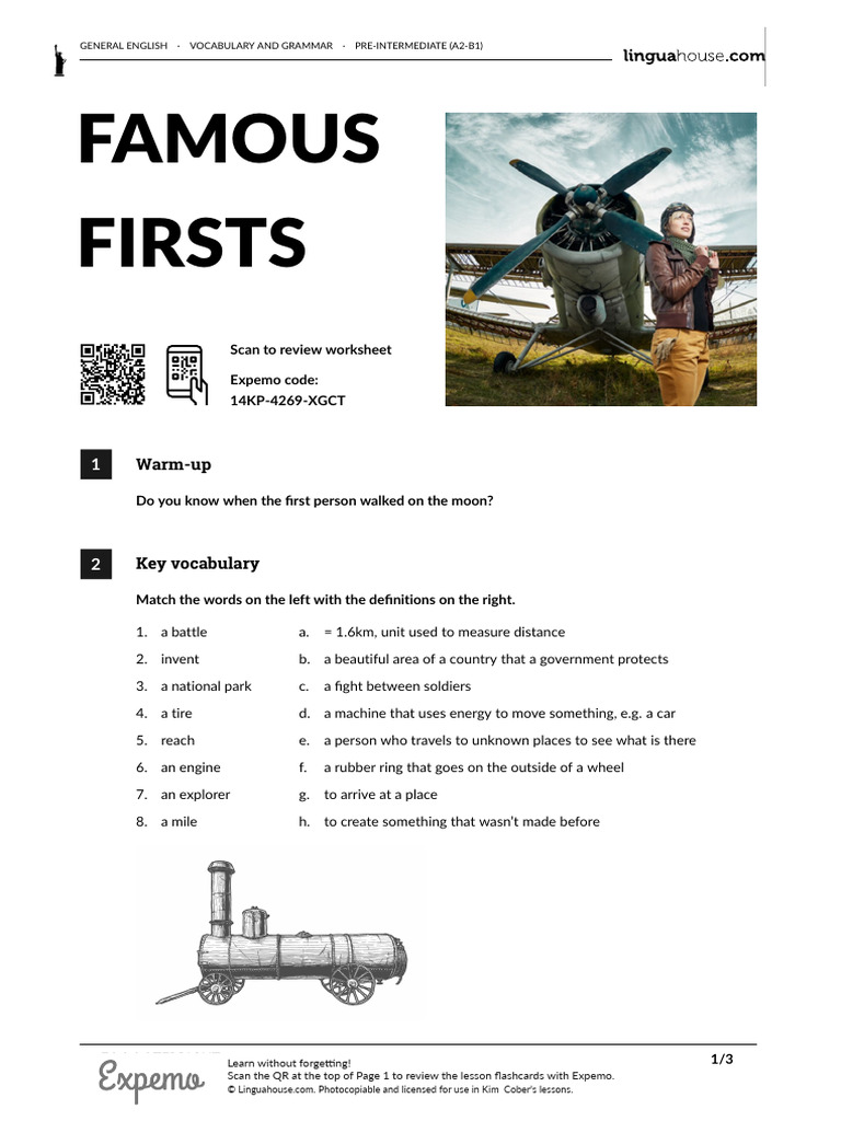 Famous Firsts Vocabulary & Grammar A2-B1 | PDF | Verb | Vocabulary
