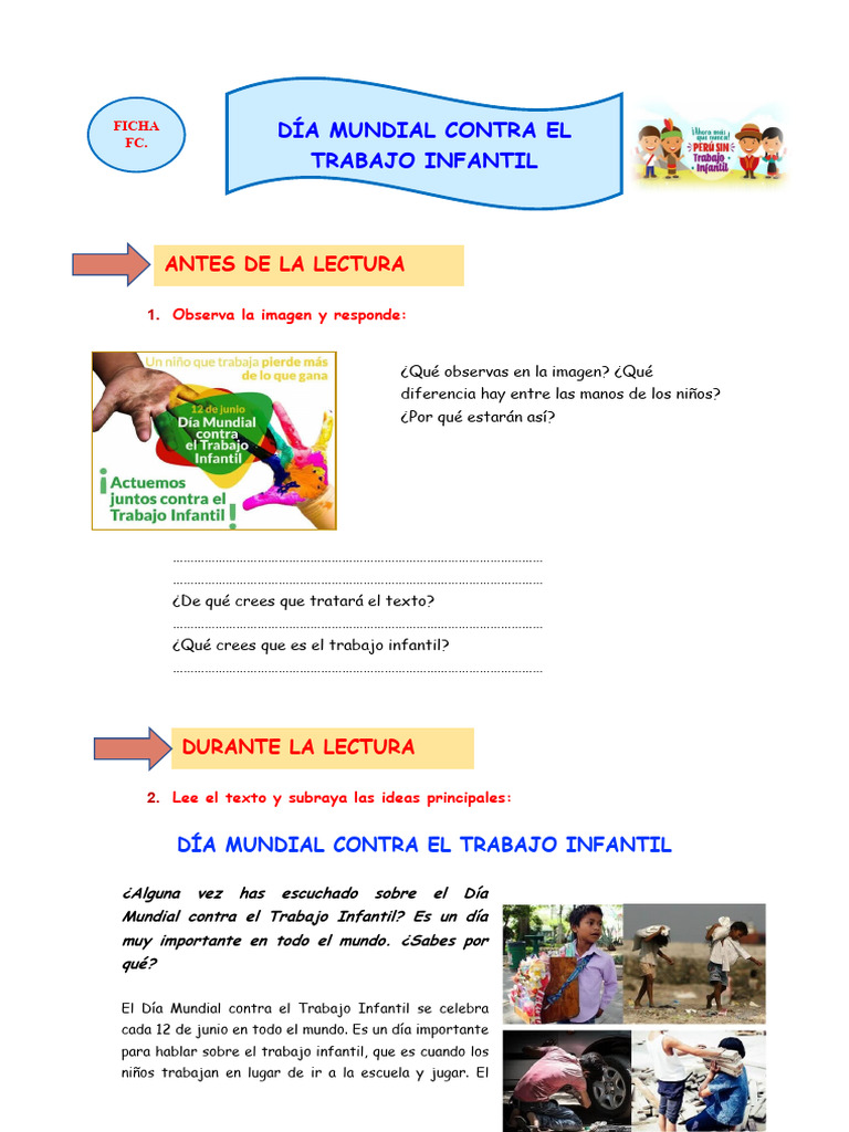 Ficha Fecha Civica Día Mundial Contra El Trabajo Infantil - Yessenia ...