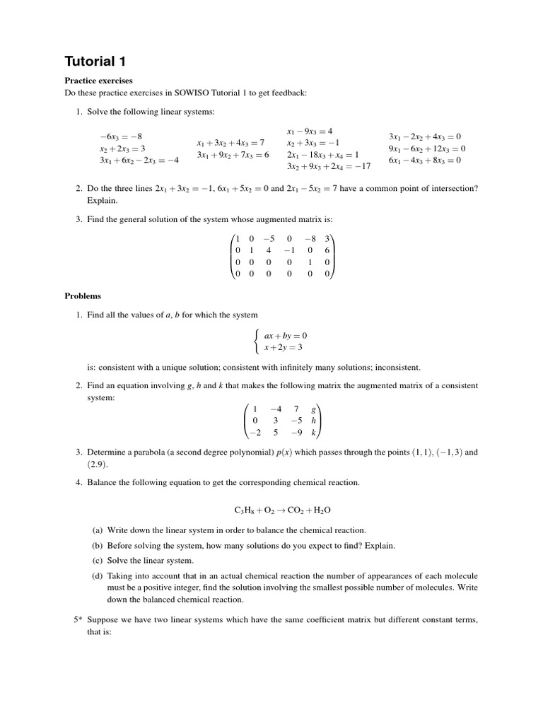 Tutorial 1 | PDF | System Of Linear Equations | Equations