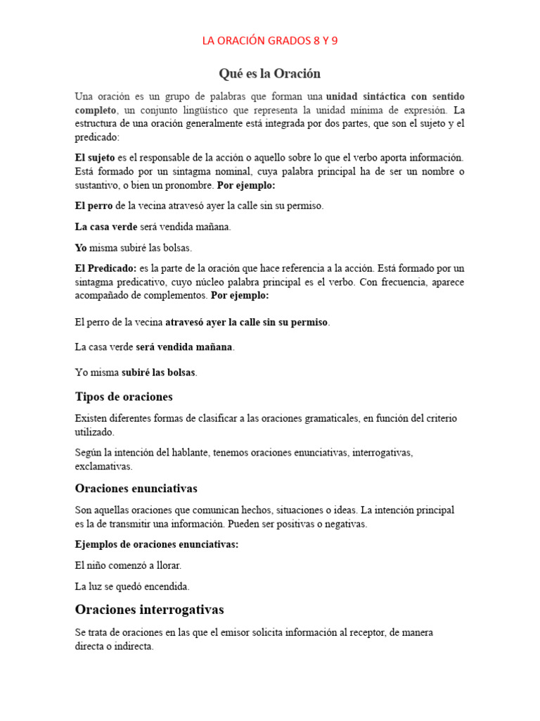 La Oracion Grado 8 y 9 | PDF | Oración (Lingüística) | Asunto (gramática)