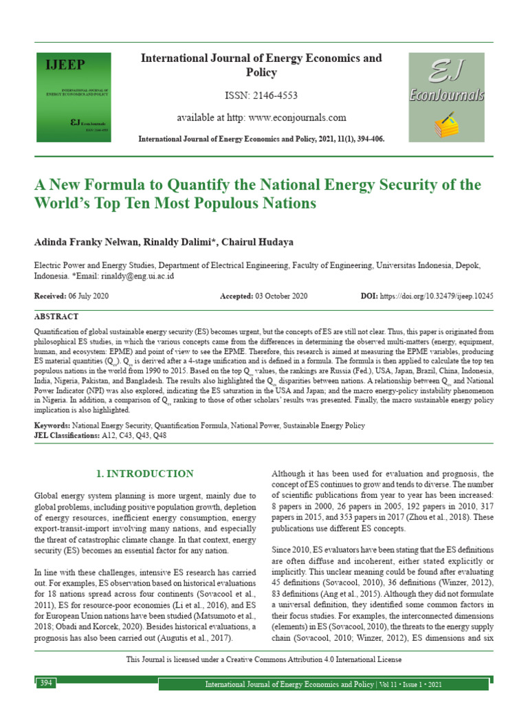 A New Formula To Quantify The National Energy Security of The World's ...