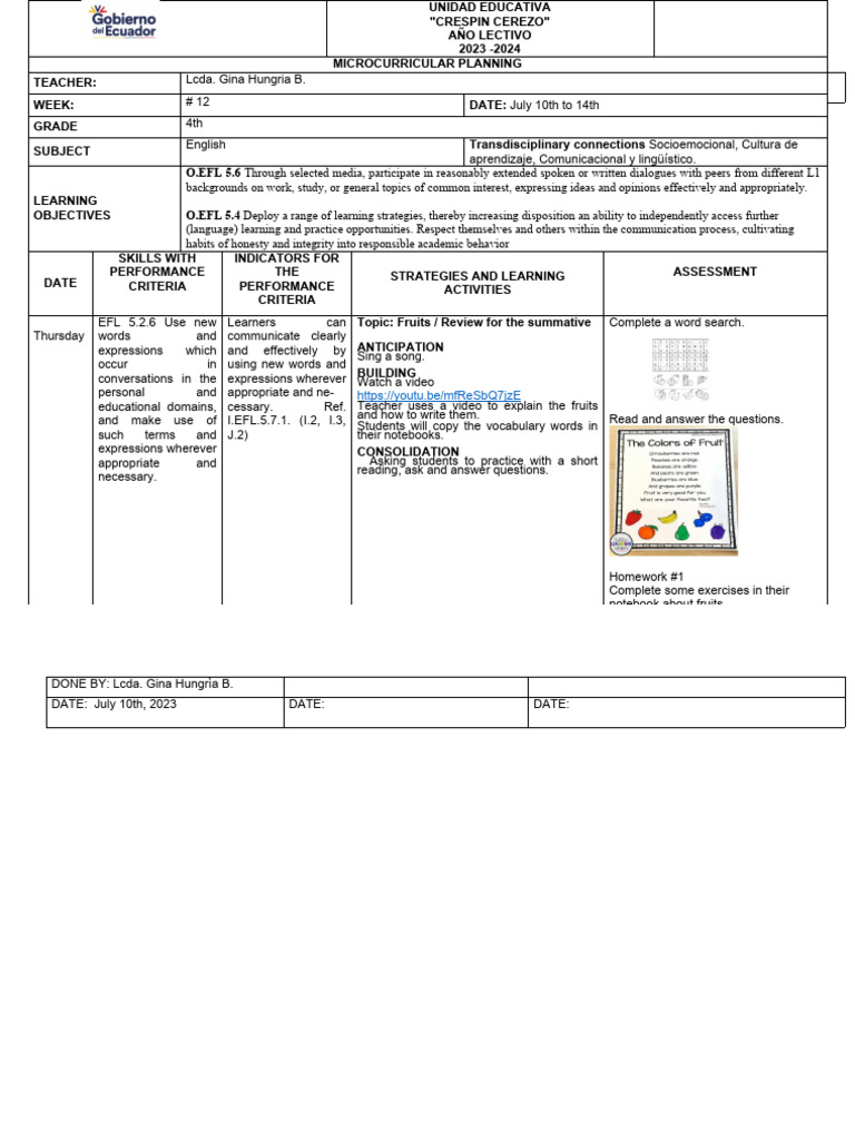 4 GRADE WEEK GINA | PDF | Learning | Pedagogy