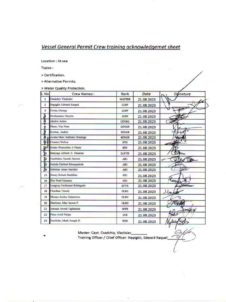VGP Training Record 21.08.2023 | PDF