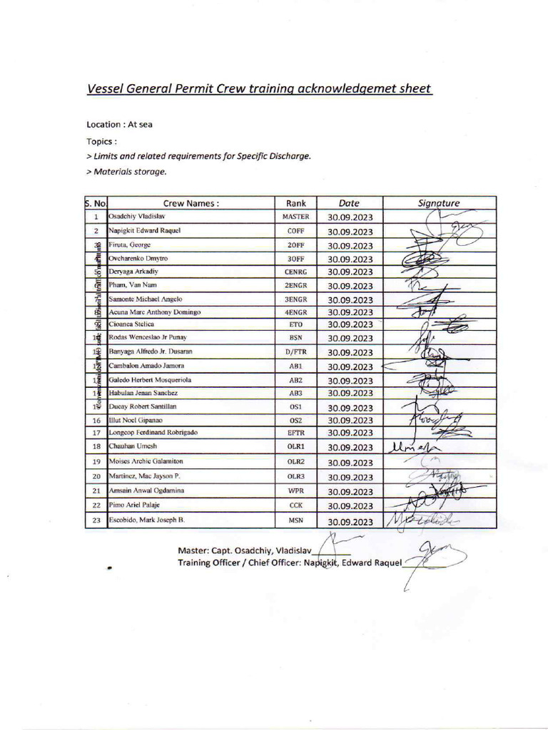 VGP Training Record 30.09.2023 | PDF