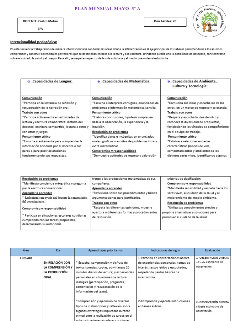 Plan Mensual Mayo 3º A: Alfabetización y Aprendizajes | PDF ...