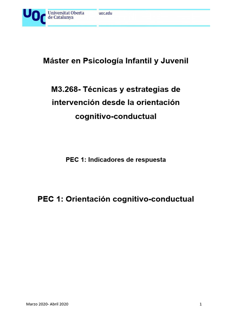 Solucionario PEC 1 Master Infantil UOC Mod Cognitivo Conductual | PDF ...