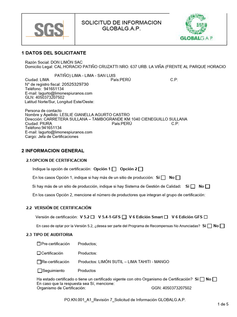 Anexo 1 - Solicitud - de - Informacion - GLOBALG.A.P Rev07 | PDF