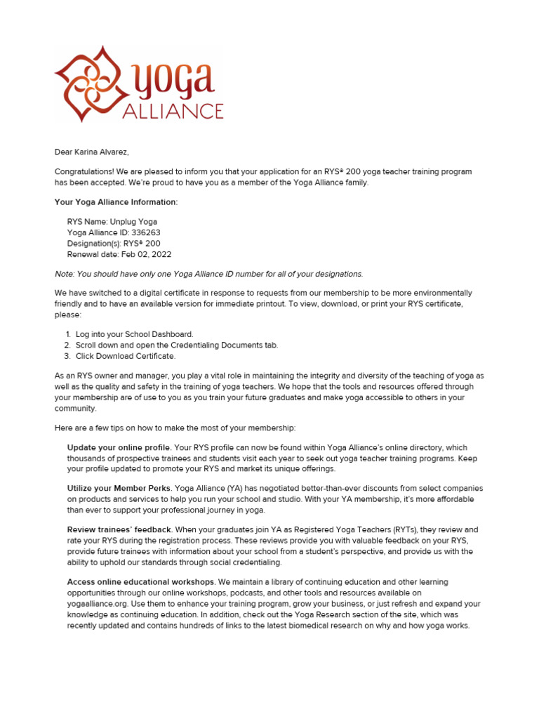 Yoga Teacher Training Course Welcome Letter | PDF | Career & Growth