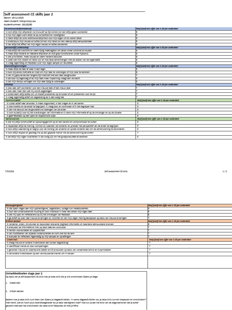 CE Skills Stage Jaar 2 Self Assessment | PDF