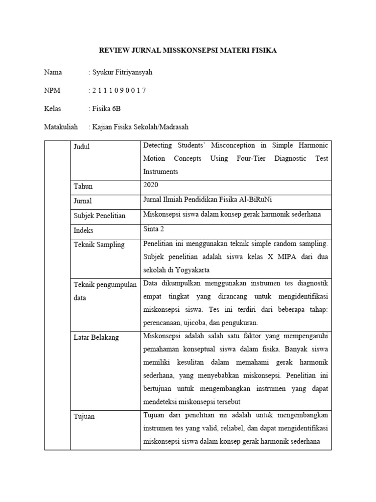 REVIEW JURNAL Misskonsepsi MATERI FISIKA SYukur Fitriyansyah | PDF