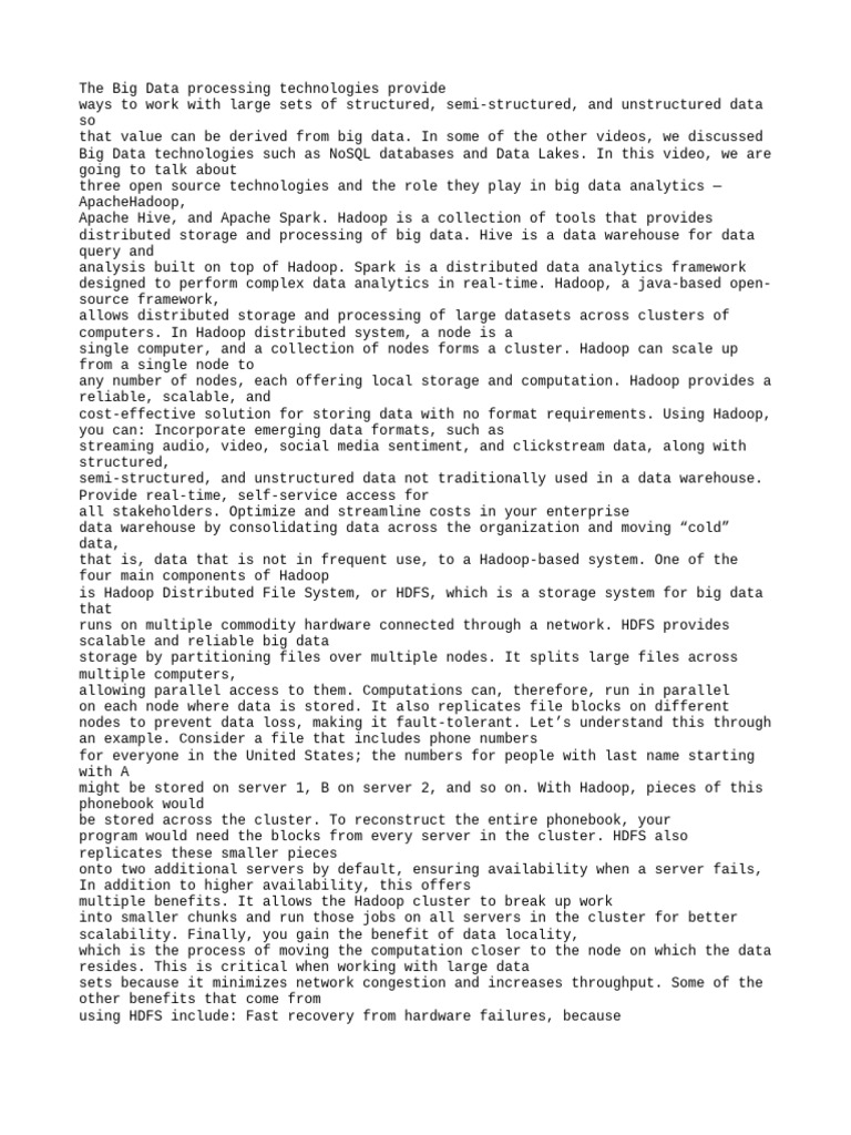 BigDataProcessingTools HaddopHDFSHiveSpark | PDF | Apache Hadoop | Apache Spark