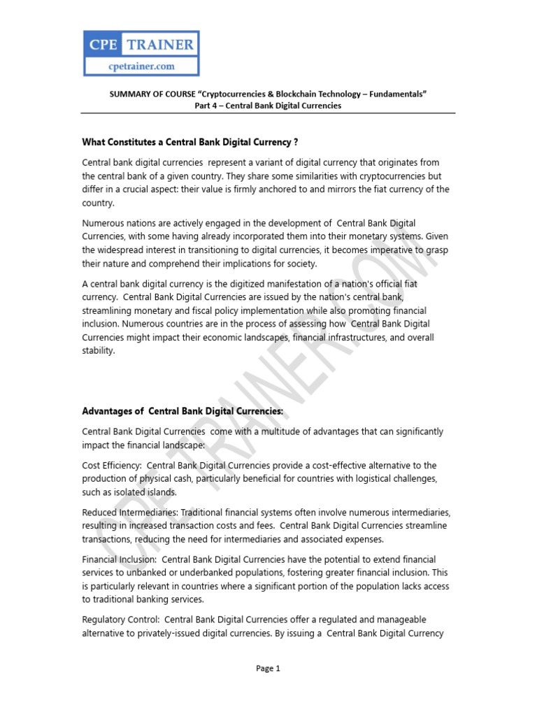 Summary Part 4 - CBDC | PDF | Central Banks | Currency