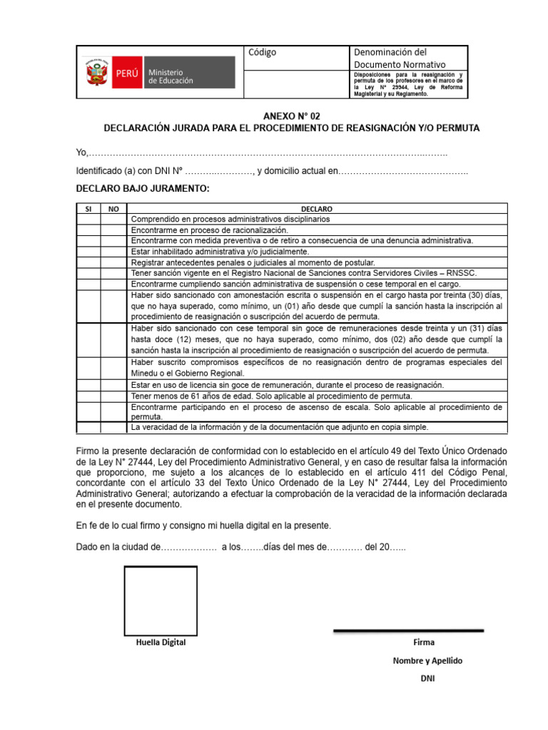 Anexo 2. Declaración jurada para el procedimiento de reasignación (2).docx | PDF | Documento de ...