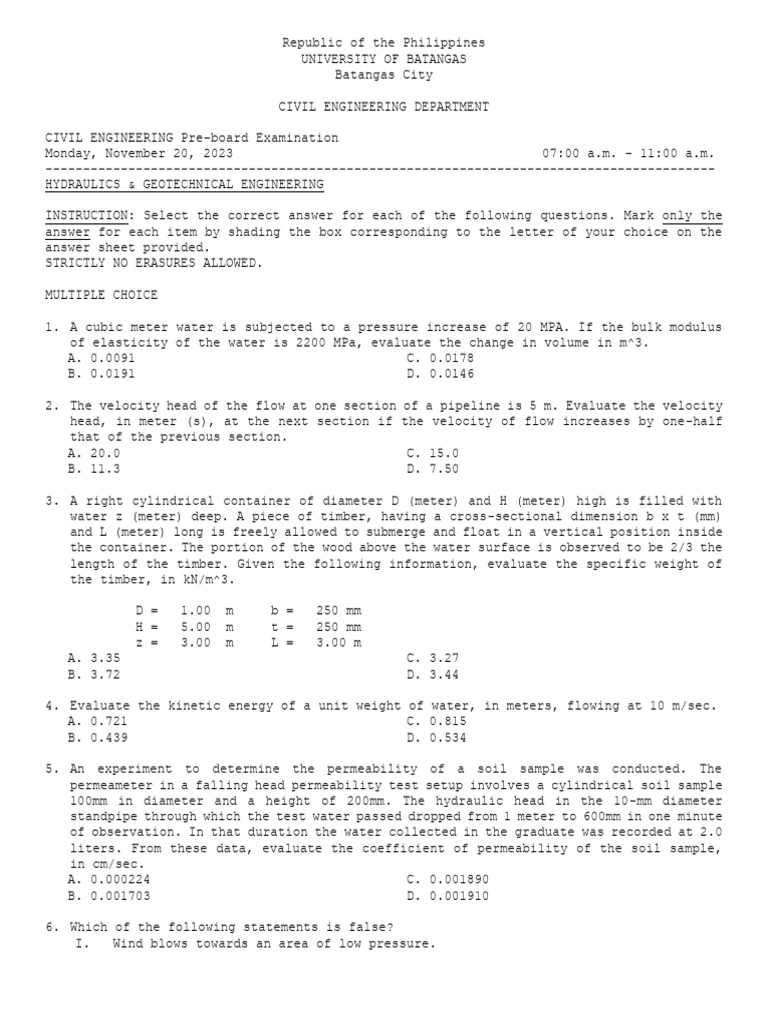 HGE-PreBoardExam01 Round02 | PDF | Stress (Mechanics) | Water