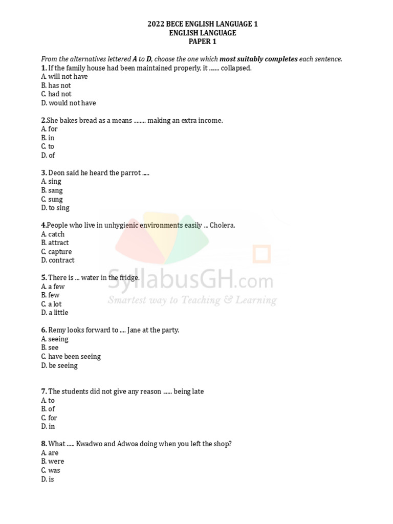 2022 BECE English Questions & Answers | PDF