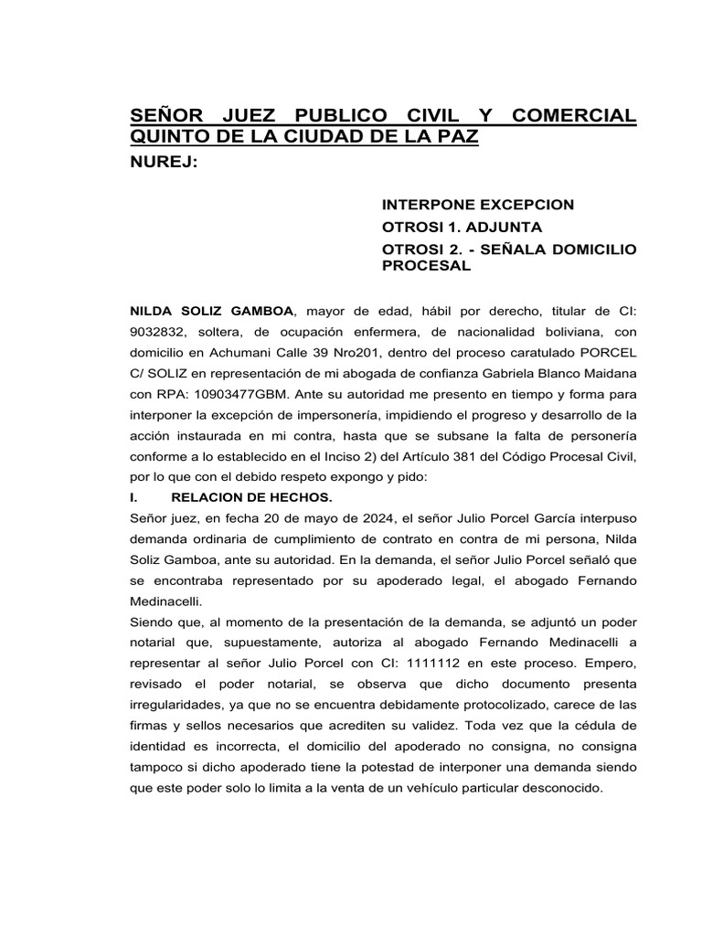 Modelo de Excepcion en Demanda Civil | PDF | Demanda judicial | Ley ...