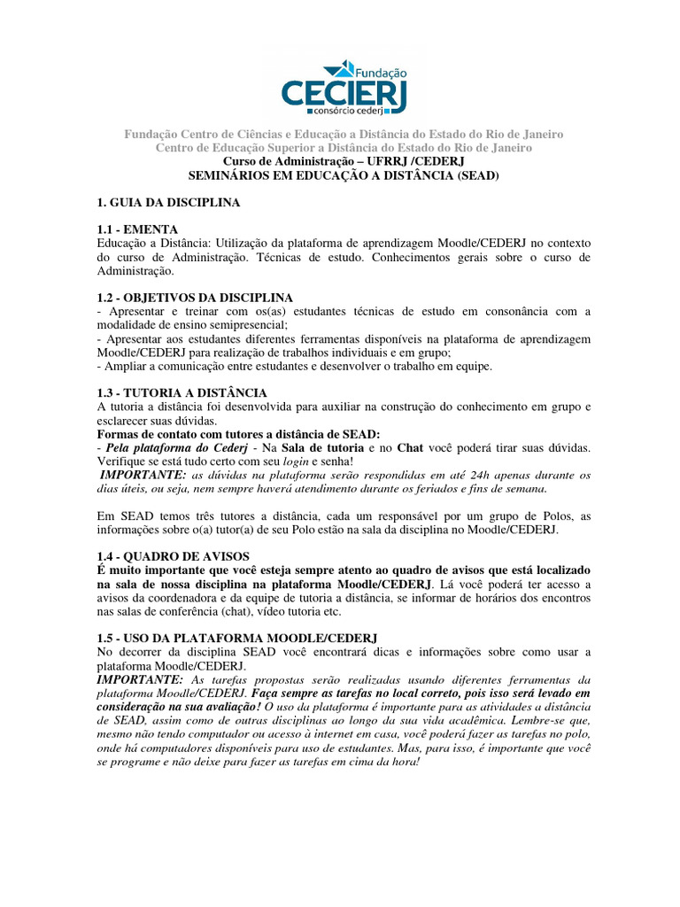 Guia Da Disciplina SEAD - ADM 2024-1 | PDF | Abstract (resumo ...