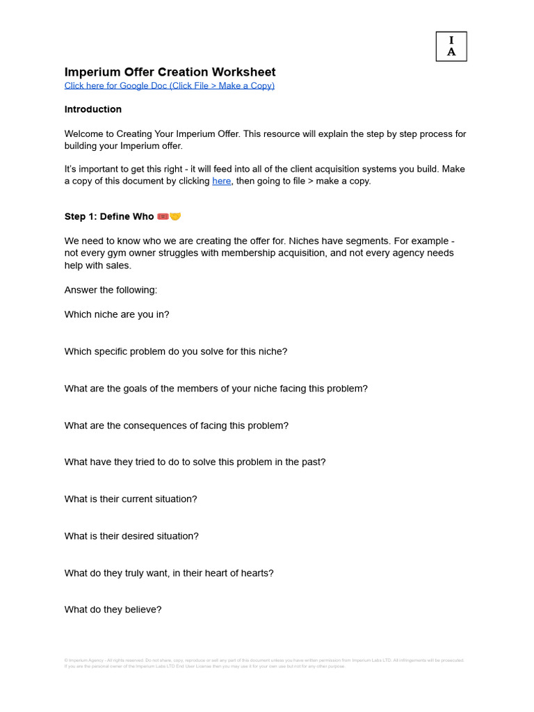 Imperium Offer Creation Worksheet | PDF | Copyright Infringement | Risk
