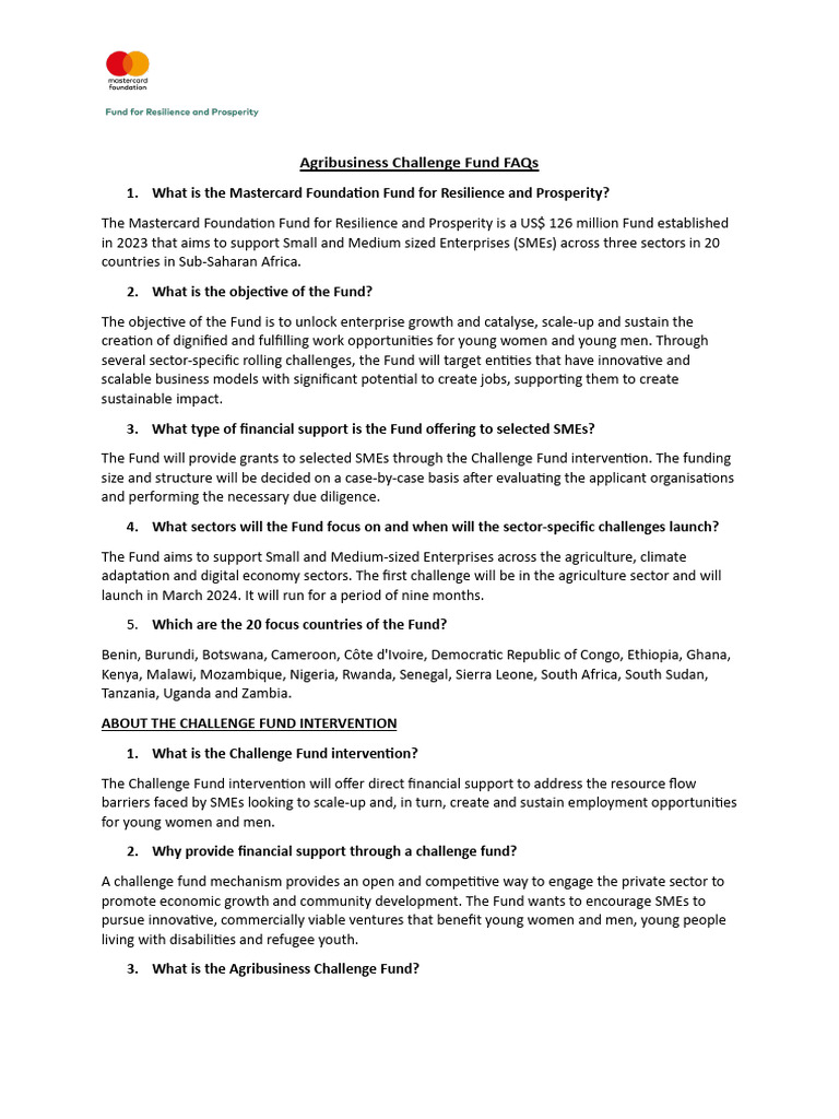 Agribusiness Challenge Fund FAQs PDF | PDF | Small And Medium Sized ...