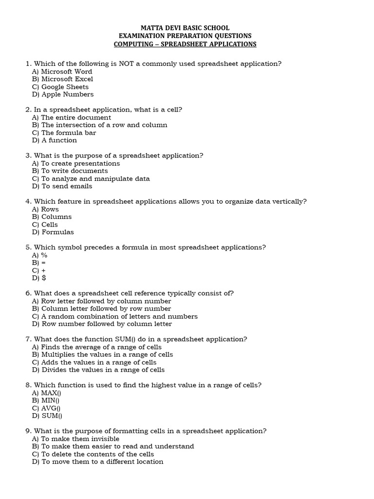 End of Term Examination Preparation Questions (Spreadsheet Application) | Download Free PDF ...