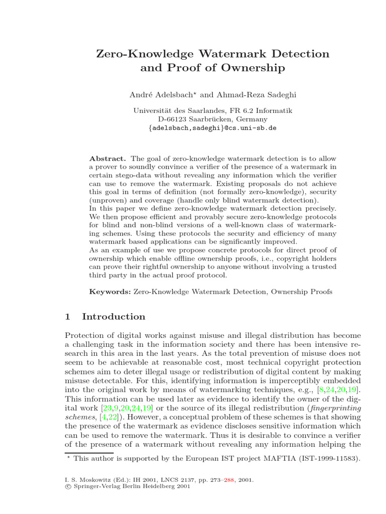 Adelsbach Sadeghi - Zero-Knowledge Watermark Detection and Proof of Ownership | PDF ...