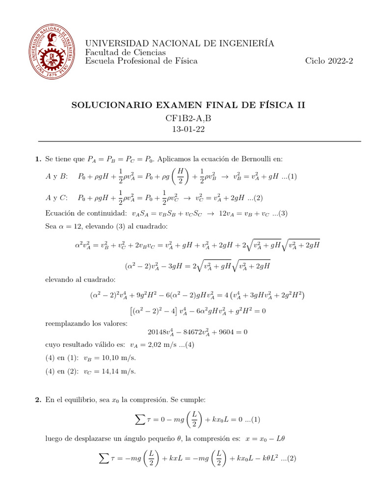 Solucionario Ex Final CF1B2 2022 Ii | PDF | Ingeniería | Ingeniería mecánica