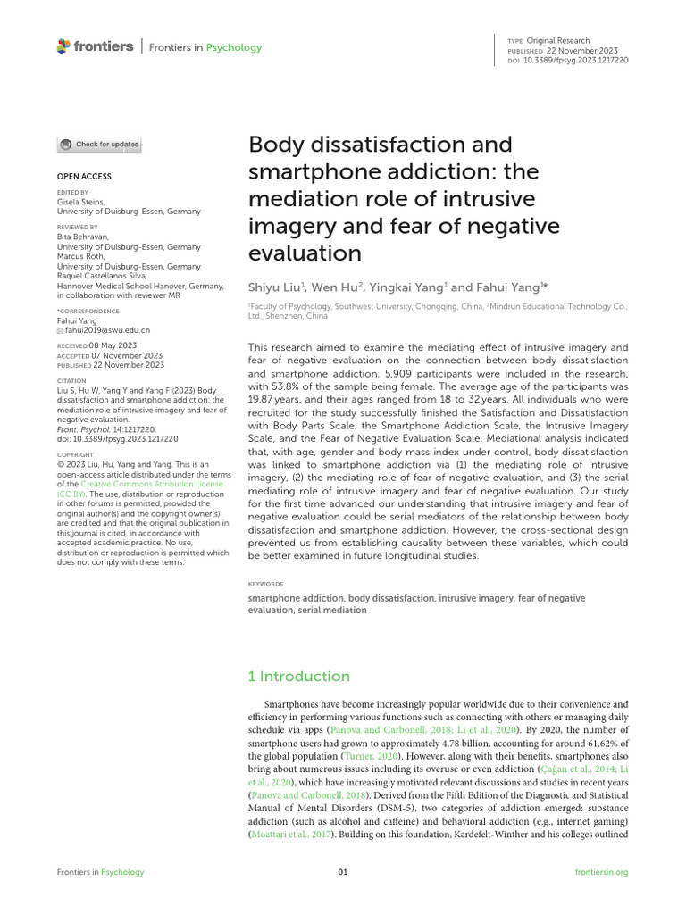 Body Dissatisfaction and Smartphone Addiction The Mediation Role of ...