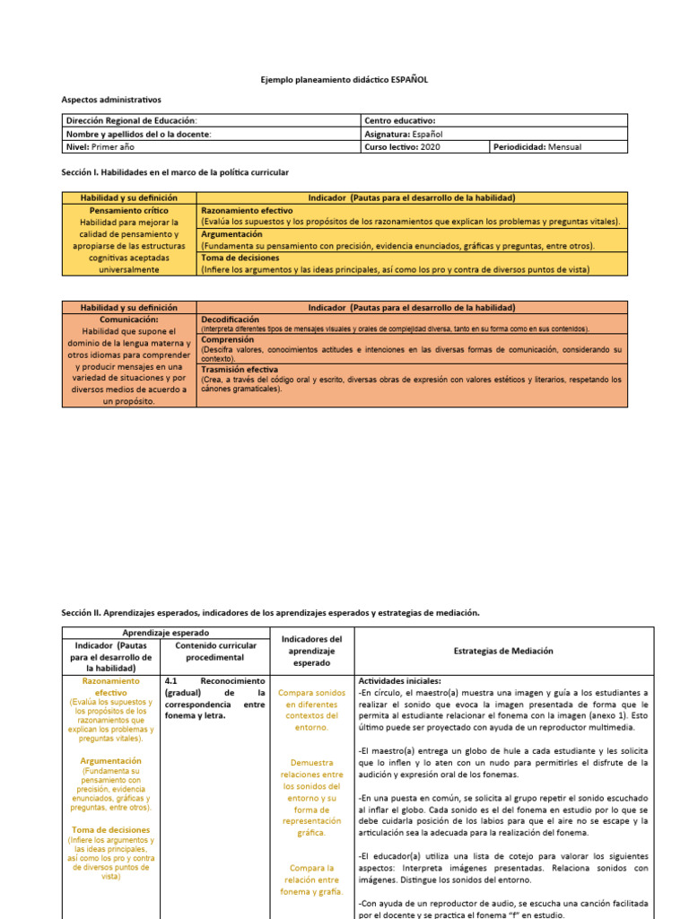 12 Ejemplo Planeamiento Didáctico Español VF | PDF | Comunicación | Pensamiento