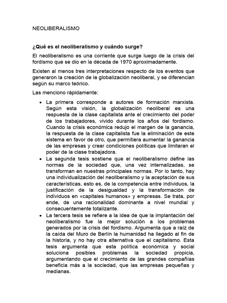 Entendiendo el Neoliberalismo: Orígenes y Teorías | PDF ...