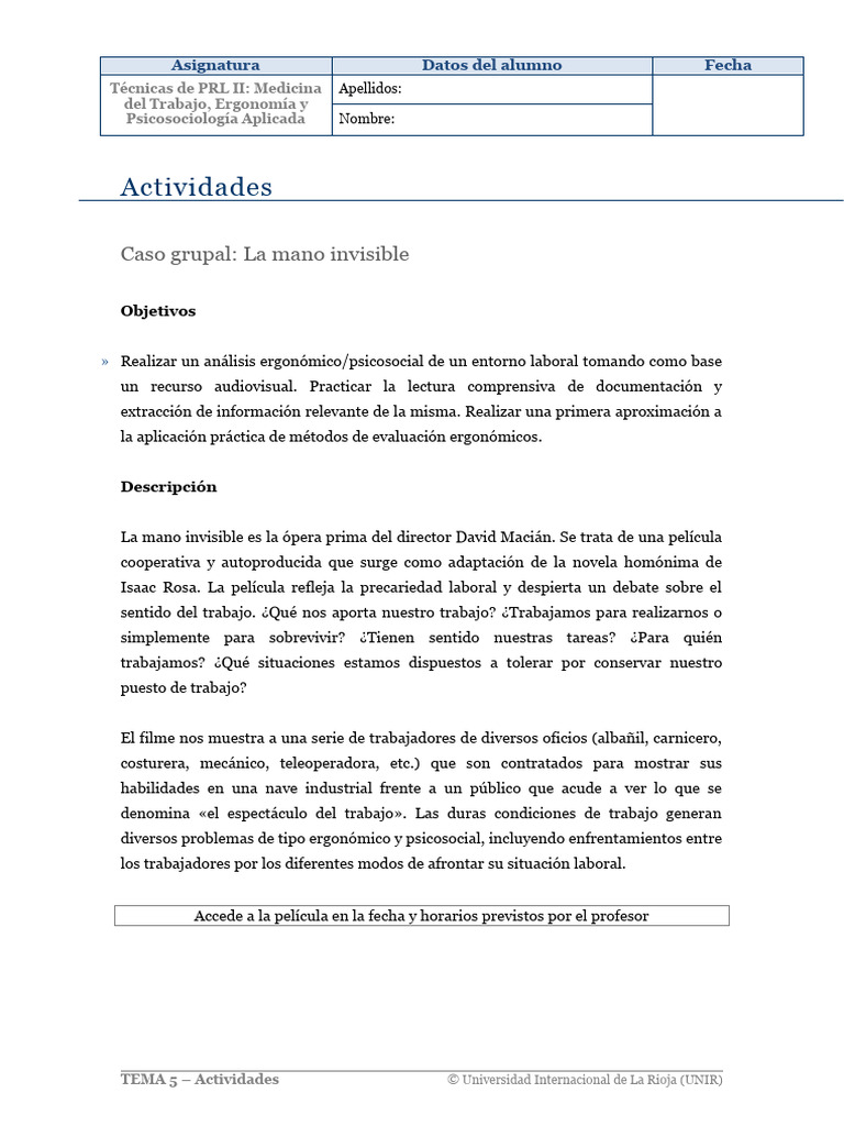 Técnicas de PRL II Medicina Del Trabajo, Ergonomía y Psicosociología AplicadaCaso Grupal La Mano ...