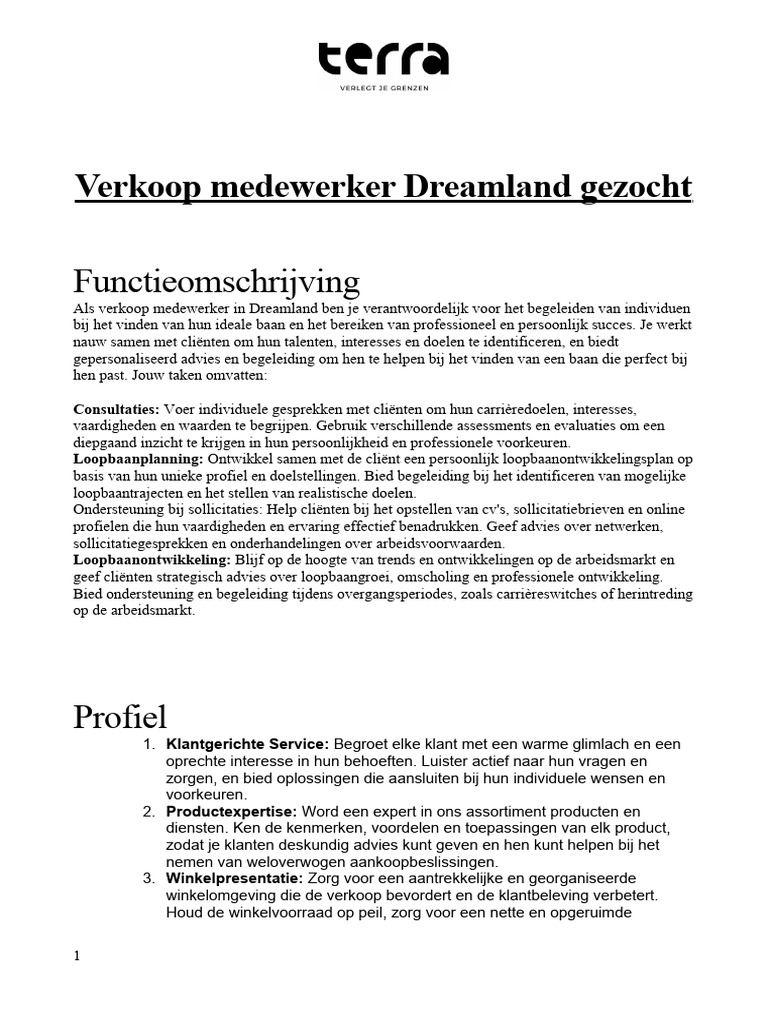 Verkoop Medewerker Dreamland Gezocht: Functieomschrijving | PDF