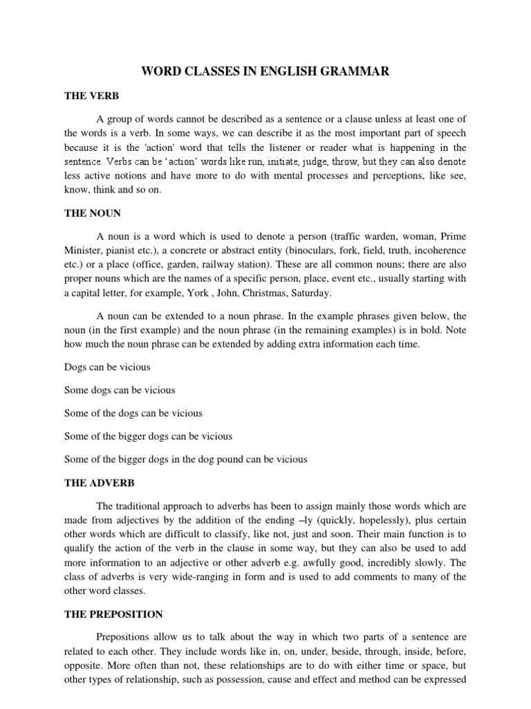 Word Classes in English Grammar | Download Free PDF | Adjective | Noun