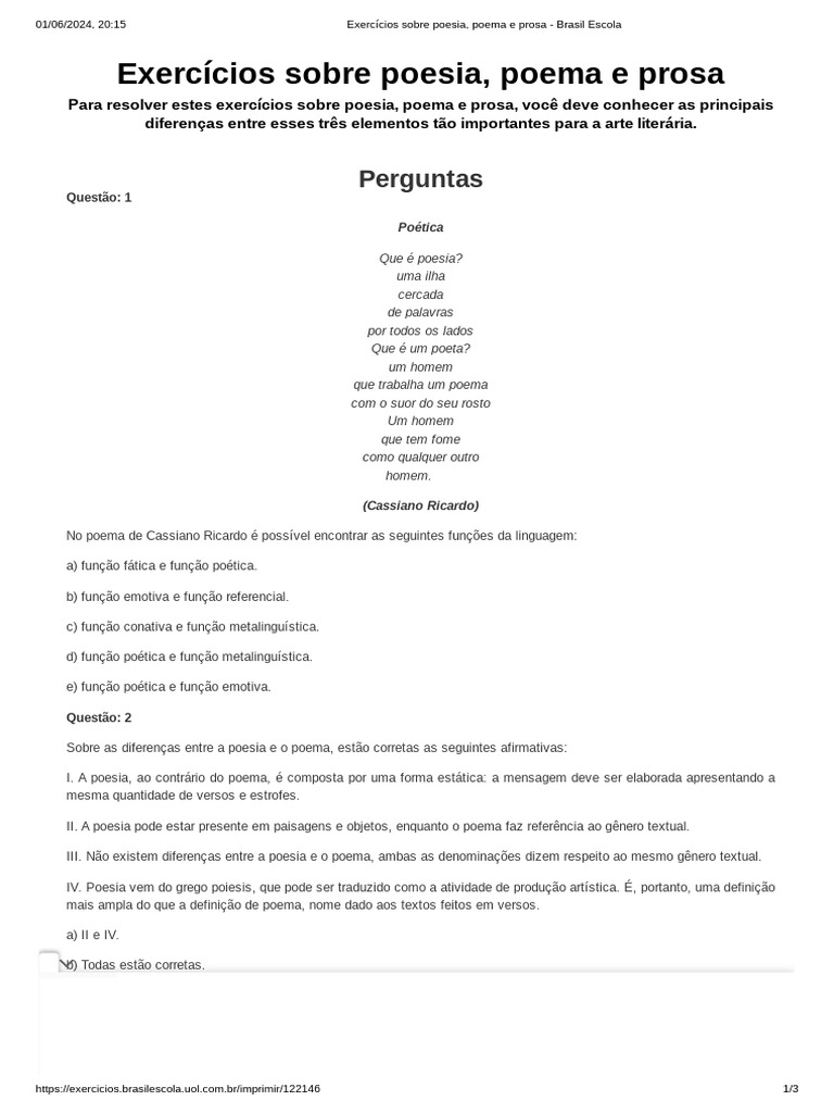 Exercícios sobre poesia, poema e prosa | PDF | Poesia | Prosa