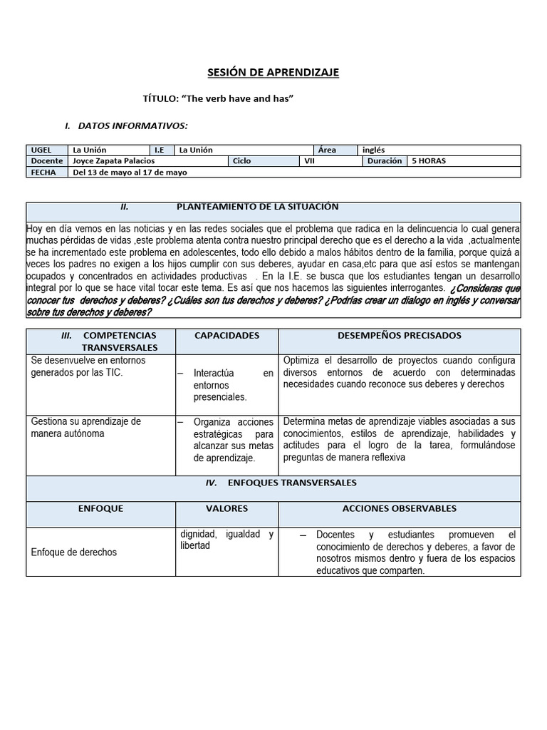 Sesion de Aprendizaje HAS AND HAVE | PDF | Aprendizaje | Evaluación