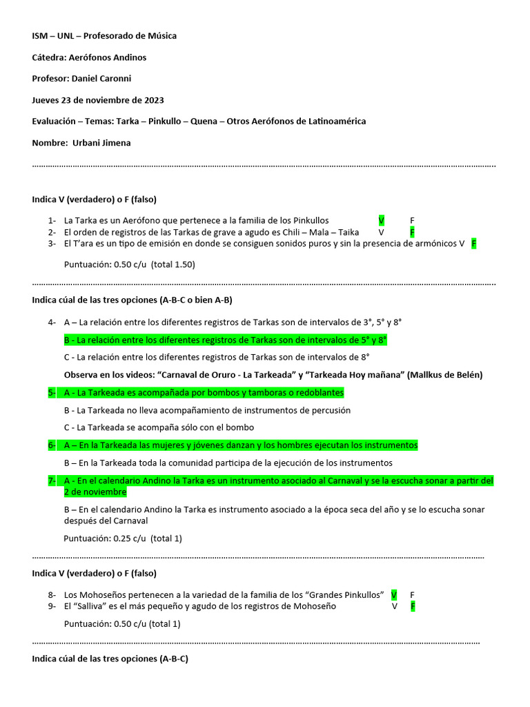 Urbani Jimena Evaluación Tarka, Pinkullo, Quena, Otros Aerófonos de ...