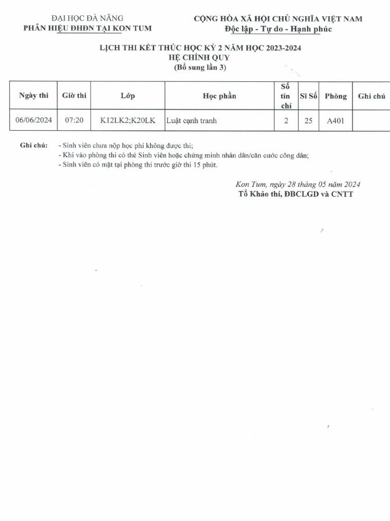 LỊCH THI KTHP HK2-NH 2023 - 2024 (Bổ Sung Lần 3) | PDF