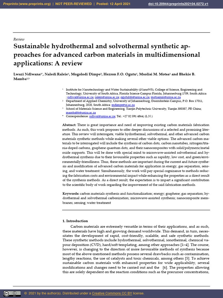 Sustainable Hydrothermal and Solvothermal Synthetic Approaches for ... Sustainable Hydrothermal and Solvothermal Synthetic Approaches for ...