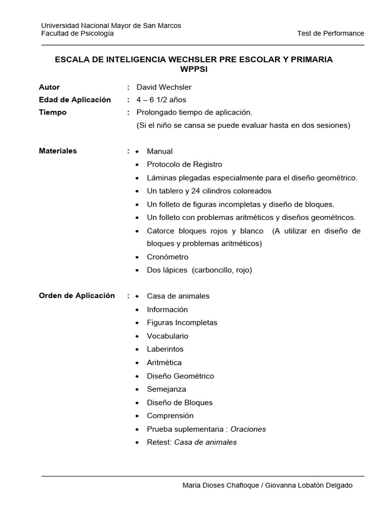 Escala Wechsler para Preescolares | PDF | Comprensión | Memoria