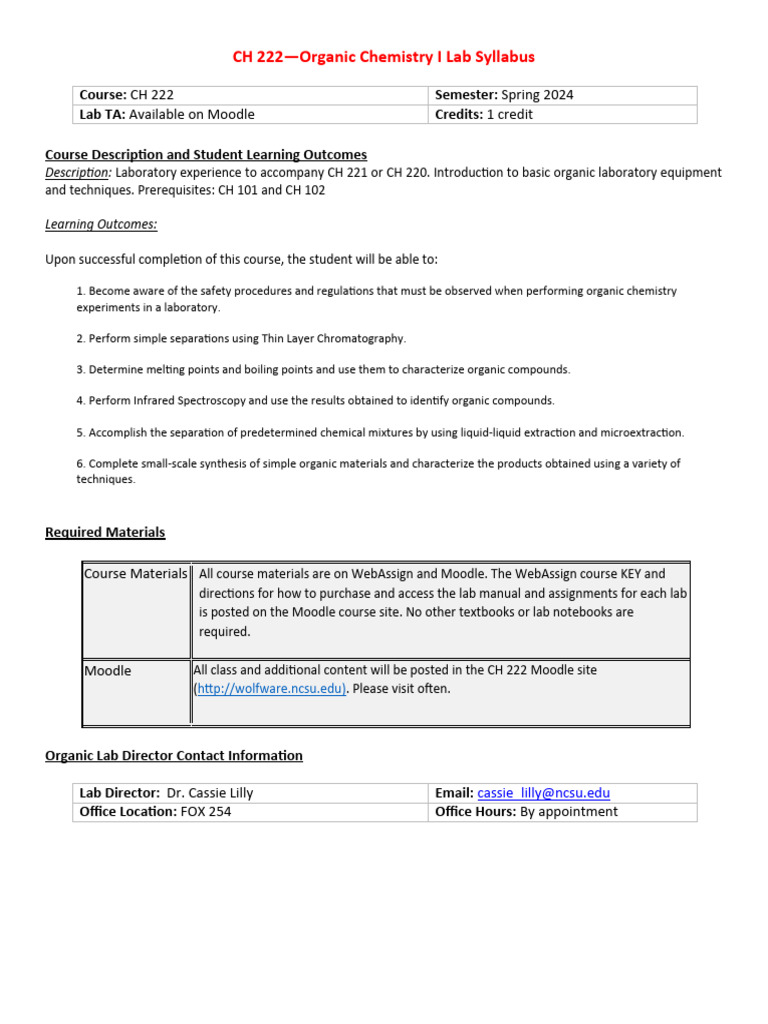 CH 222 Syllabus Spring 2024 | PDF | Academic Integrity | Organic Chemistry