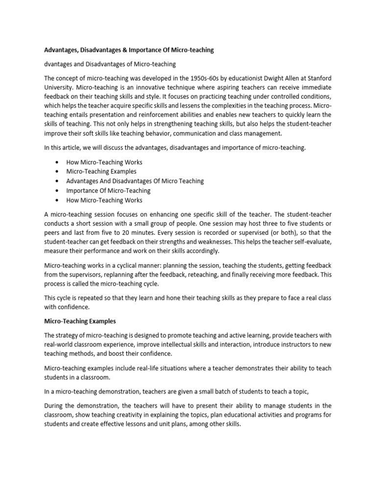 1.2. Advantages, Disadvantages & Importance Of Micro-teaching | Download Free PDF | Teachers ...