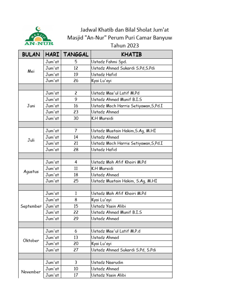 Jadwal Khatib Bilal-Edit-1 | PDF