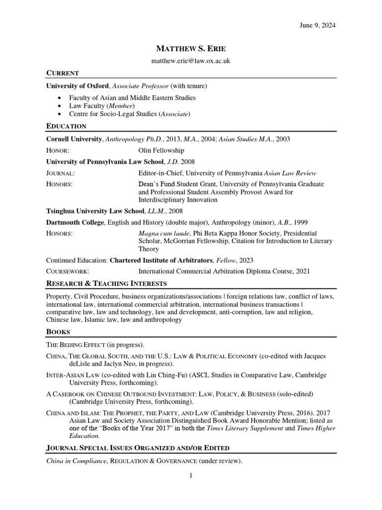 Matthew Erie CV | PDF | China | World Politics